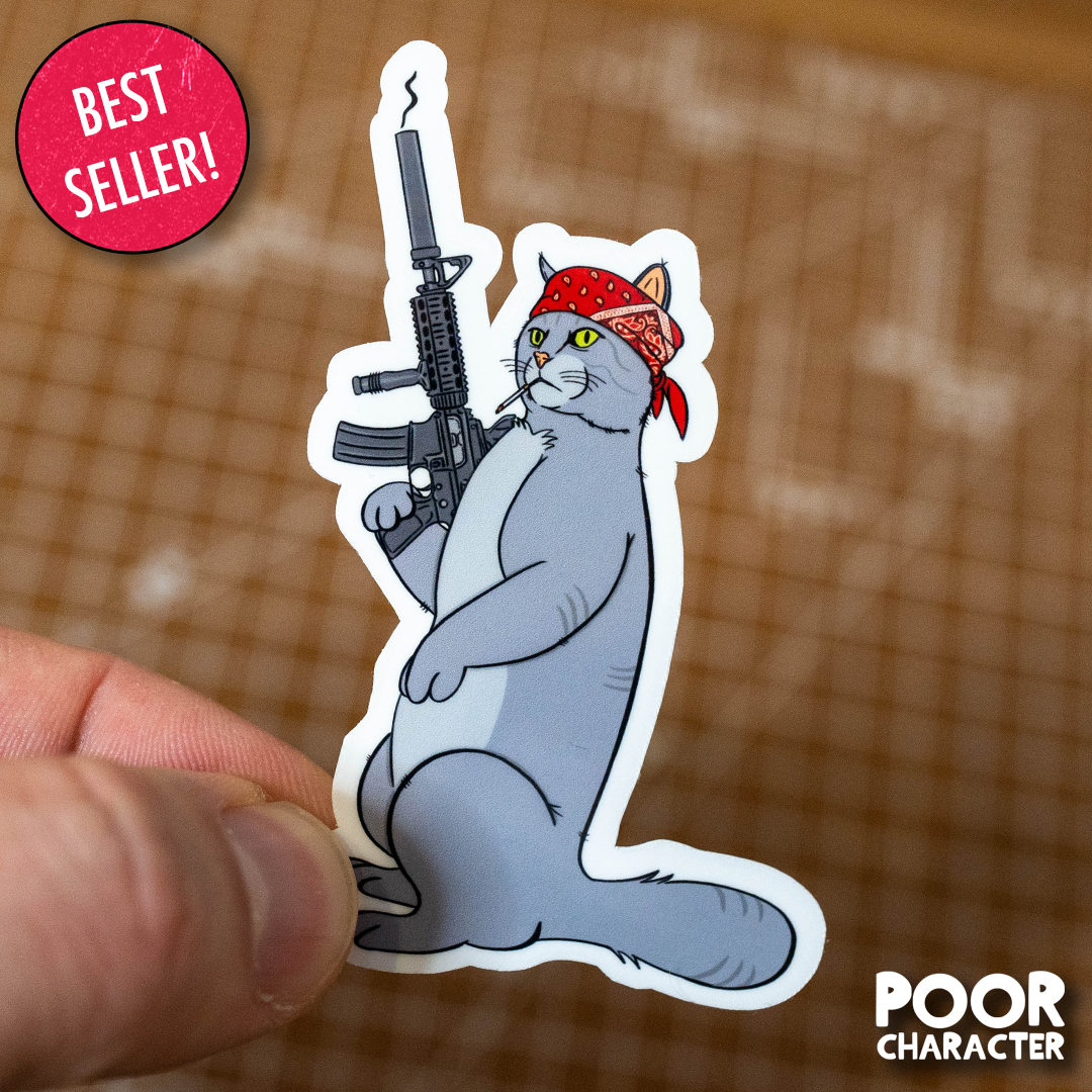 Cat with a Gat – Funny Animal Sticker | Poor Character